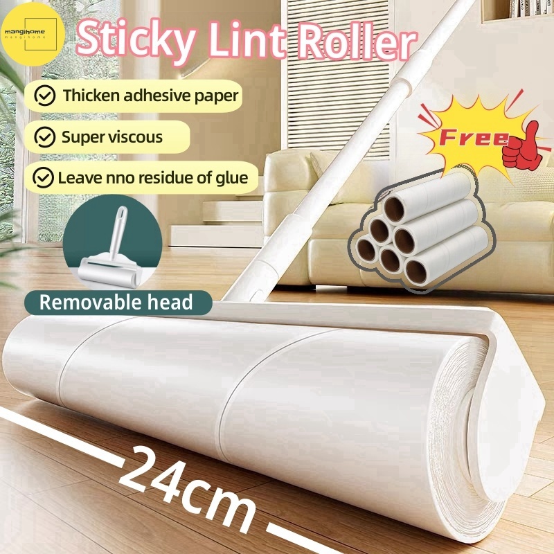 Stick+10 Roll 【24CM】Sticky Lint Roller Detachable Rod Floor Lint Roller ...