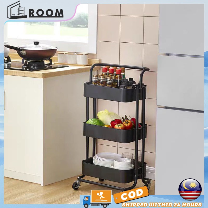 100% Metal Kitchen Trolley 3 Tier Trolley Troli Barang Baby Kitchen ...
