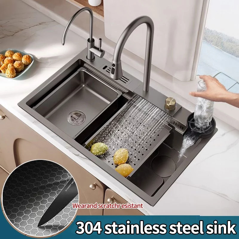 Smart Nano Sink 304 Stainless Steel Kitchen Sink Whale Waterfall Single ...