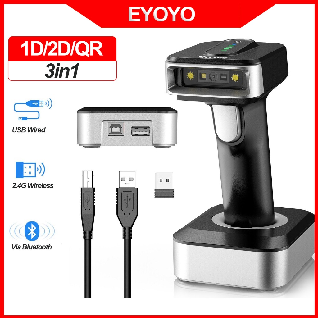 EYOYO 1D 2D Barcode Scanner 3in1 Via Bluetooth 2.4G Wireless USB Wired ...