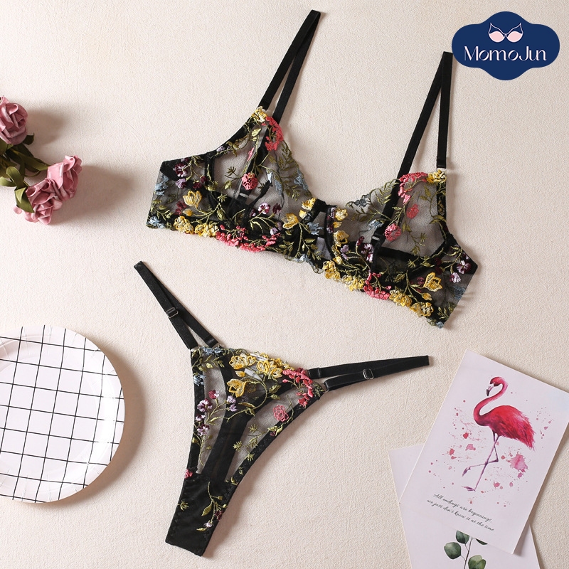 Momo Sexy Small Floral Transparent Lace Bra Set Frameed Ultra-Thin Cup ...