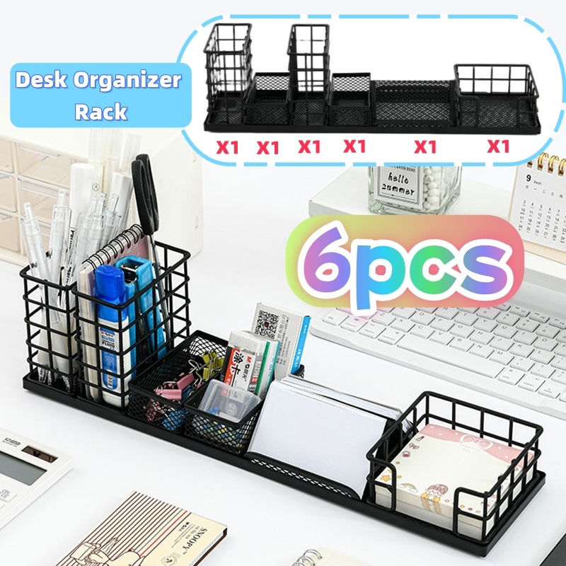 6pcs Metal Desktop Storage Rack Organizer Multi Compartments Stationery ...