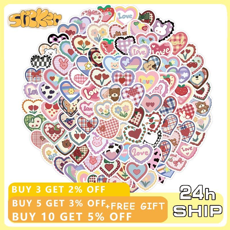 100PCS Cute Cartoon Love Heart Stickers Kawaii Candy Colors Stickers ...