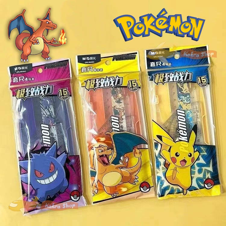 4pcs Pikachu Charizard Ruler Set Pokemon Wave Straightedge Protractor ...