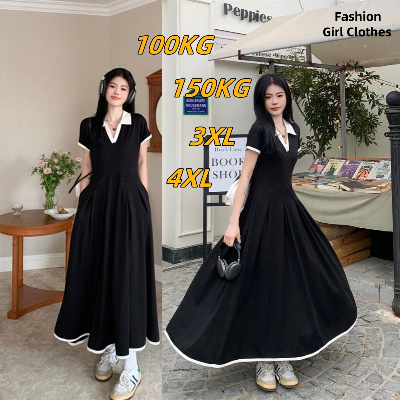 150KG Oversize Dress Women Short Sleeve Casual Retro Long Dress ...