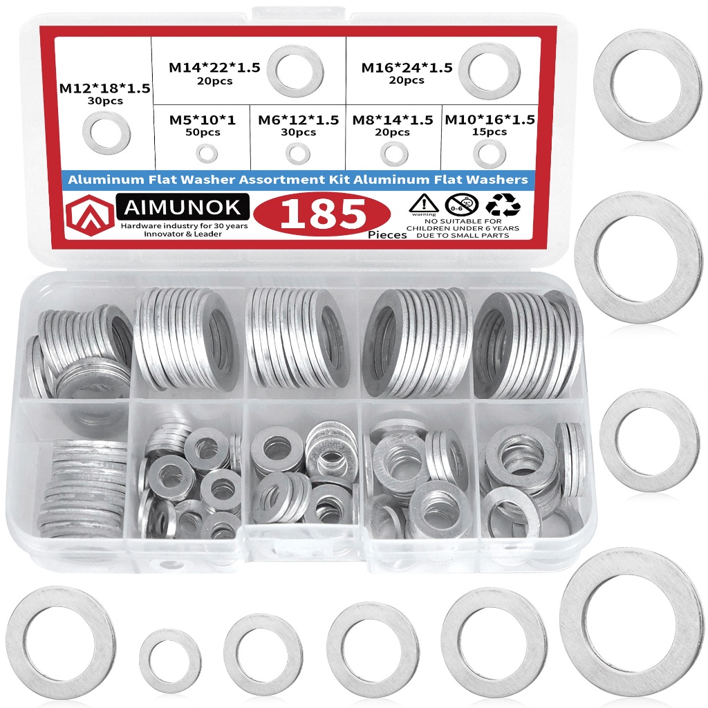 185pcs Aluminum Flat Washers — M5, M6, M8, M10, M12, M14, M16 ...