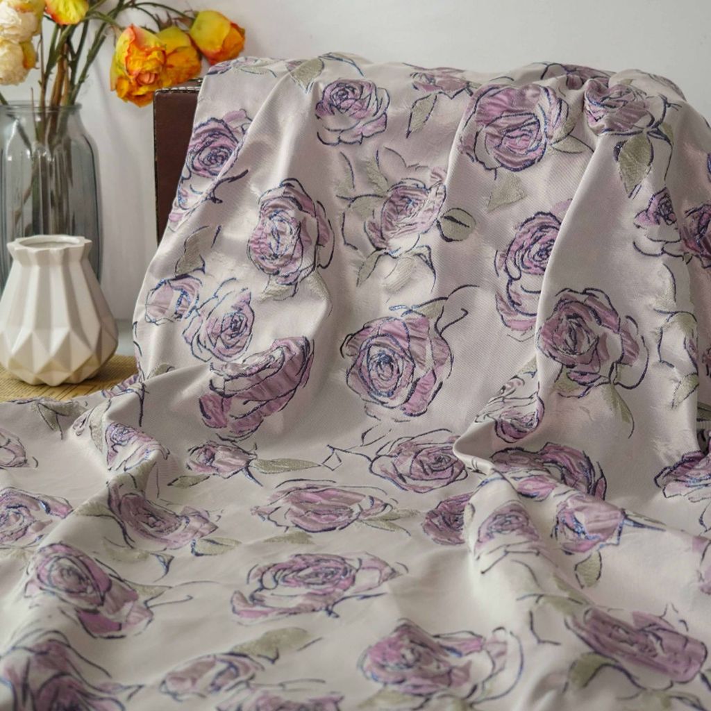 [1 meter]Bright silk embossed purple rose flower yarn-dyed jacquard ...