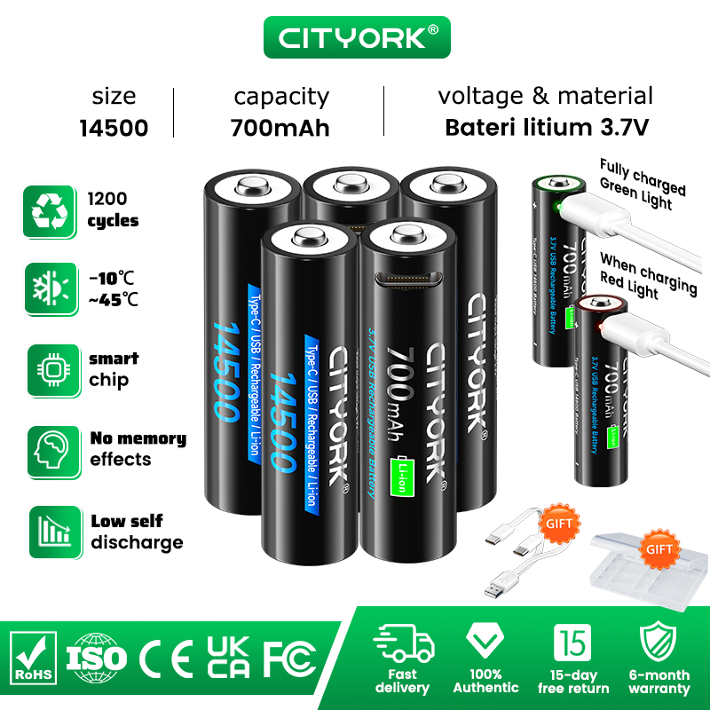 Cityork 3.7V 14500 USB Rechargeable Battery 700mAh Type-C Fast Charging ...