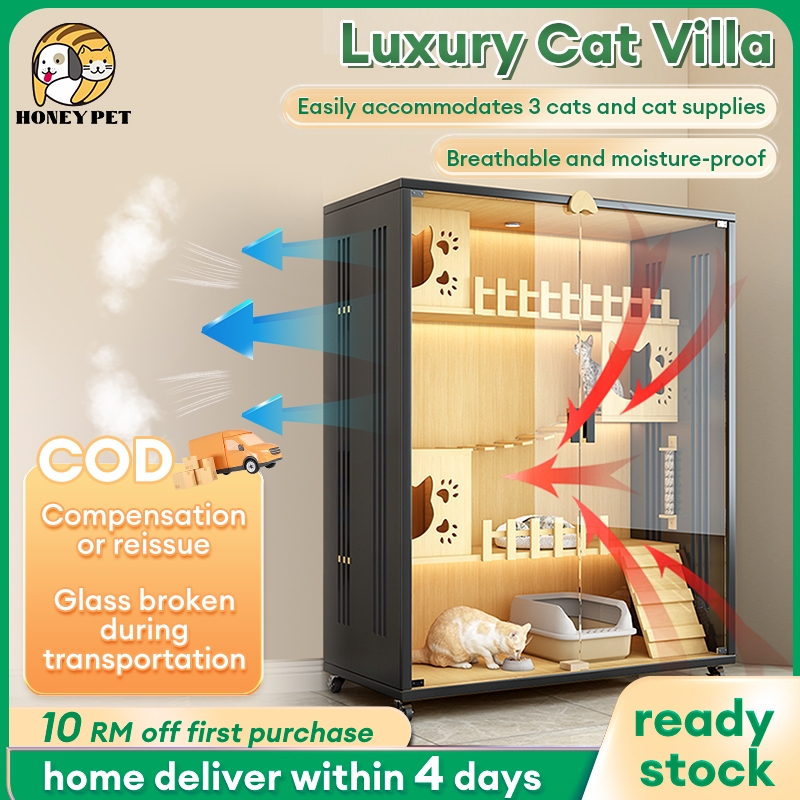 Tempered Glass Cat Villa Wooden Cat Cage Sangkar Kucing Kayu Large Pet ...