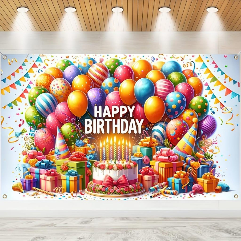 5x3ft Colorful Happy Birthday Banner with Balloons and Rainbow Design ...