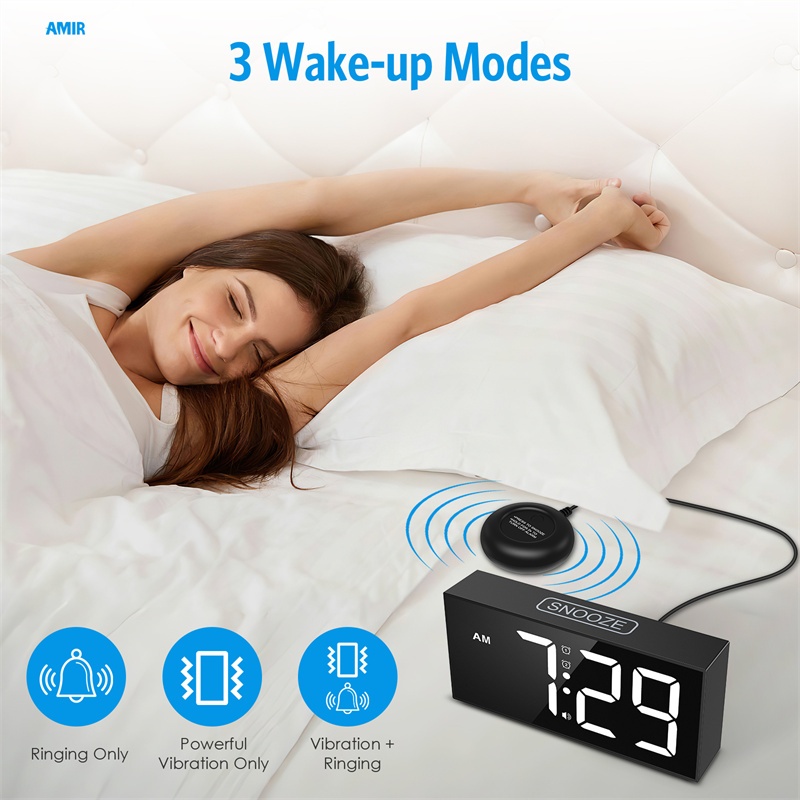 AMIR Loud Alarm Clock with Bed Shaker 3 Wake Up Modes Vibrating Alarm ...