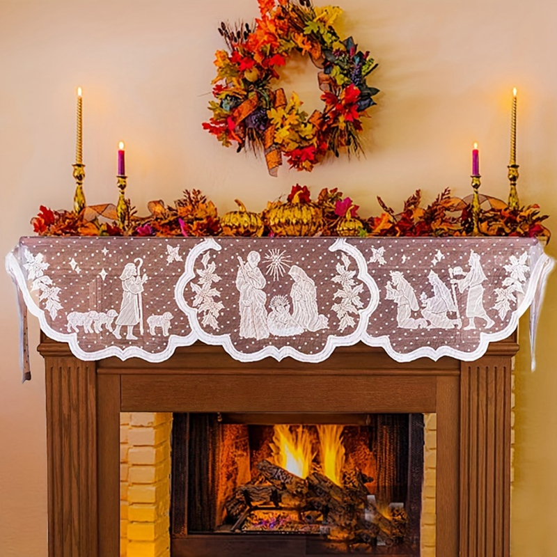 90''*20White Christmas Fireplace Lace Cover Winter Holiday Birch Tree ...