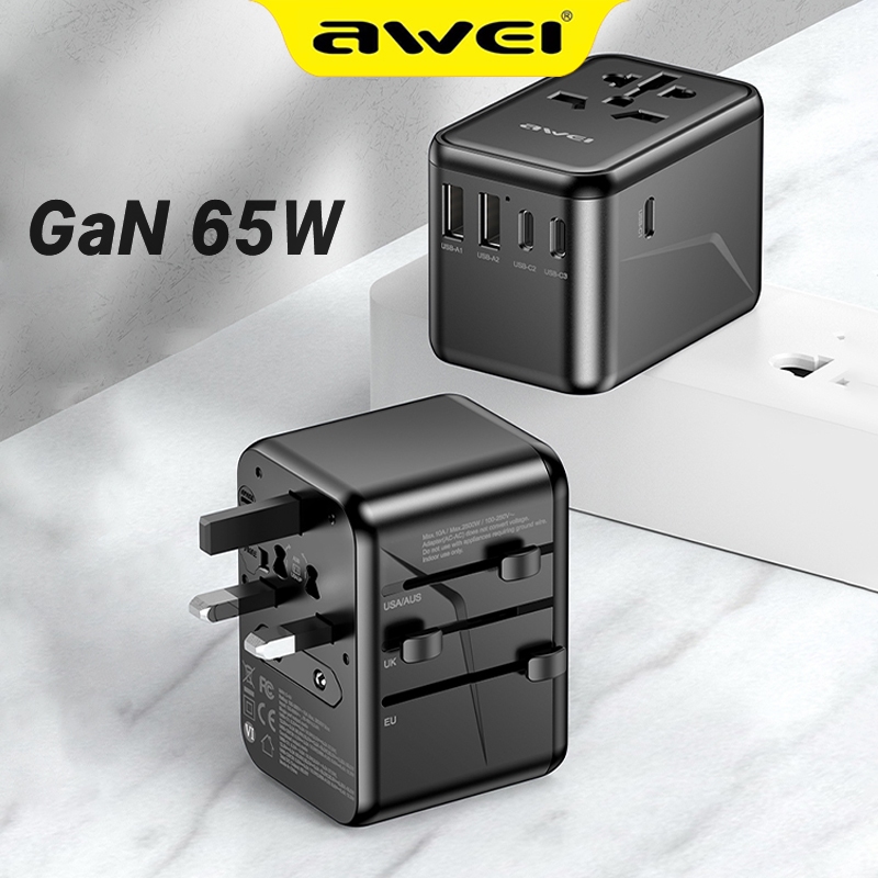 Awei C-40 65W GaN 3-Ports Universal Travel Adapter USB Fast Charger With UK/EU/US Plugs For ...