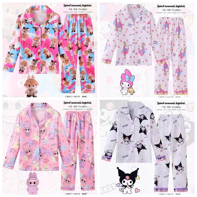 Labubu Sleepwear Child Long Sleeve Nightie Girls' Lapel Kuromi Pajamas ...