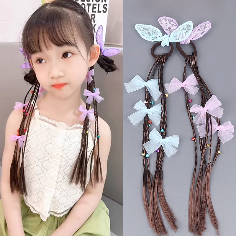 Children Rabbit Ears Wig Braids Bells Bow Ponytail Braids High ...