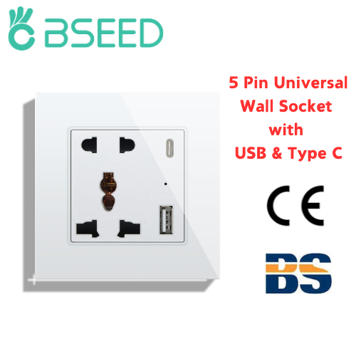 BSEED Single 5 Pin Universal Wall Socket with USB C & USB A - 1 Gang 2 ...