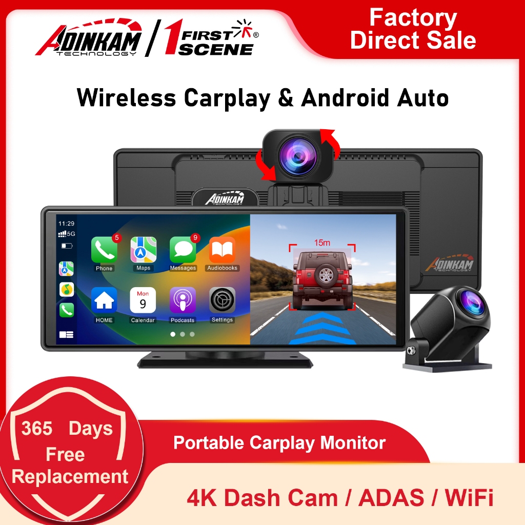 ADINKAM V30S ADAS 10.26 inch Portable Wireless Carplay Android Auto IPS Touchscreen Display 4K ...
