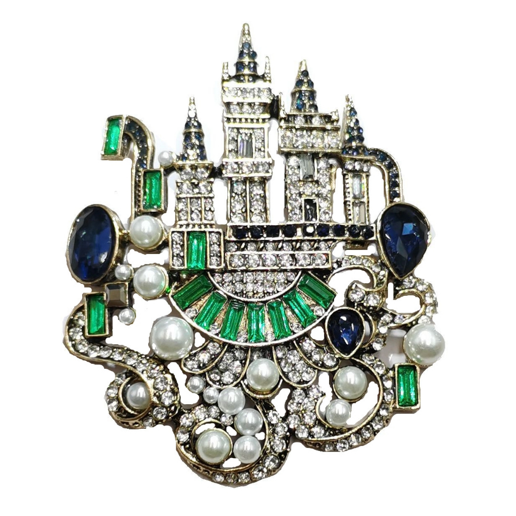 Antique Oversize Statement Fairy Tale Green Castle Broach Pin Princess ...