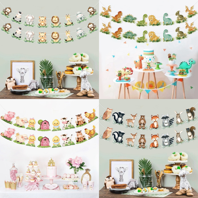 Two Rows Colorful Animal Flags Dinosaur Lion Tiger Fox And Other Animal ...
