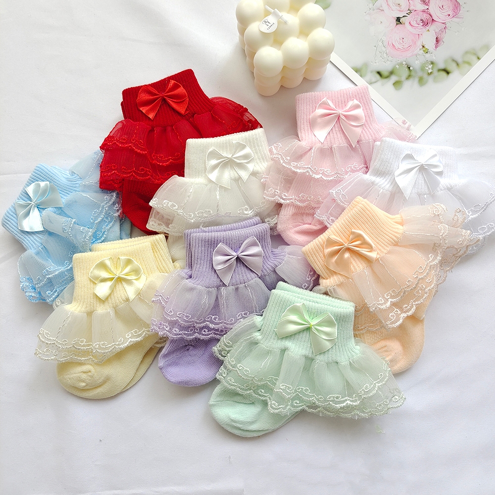 0-9Y Baby Cotton Socks With Lace Girls Ankle Socks Bows Toddlers Floor ...