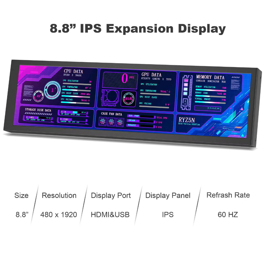 8.8 inch HDMI Touch Long Wide Monitor With Case PC Temperature Display ...