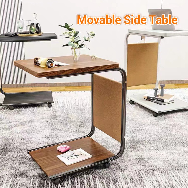 Wood Side table coffee movable side table with wheels Computer Table ...