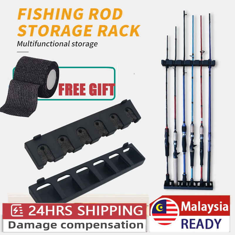 WALL Mounted 6 SLOT FISHING ROD HANGER Rak Pancing Joran Tempat Letak ...