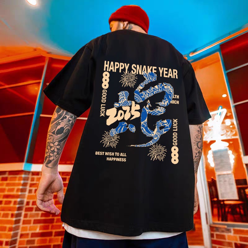 S-8XL Couple T-shirt 2025 CNY New Year Summer Street Hip Hop Cartoon Graffiti Printed Round Neck ...