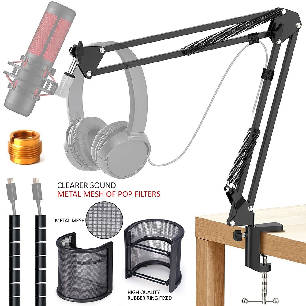 Hyperx Quadcast Microphone Stand with Pop Filter - Scissor Mic Boom Arm ...
