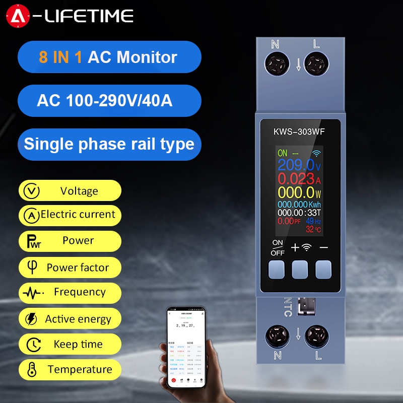 8 IN1 Two-phase Din Rail AC Monitor AC100-290V/40A Power Energy Meter Voltage Current Power ...