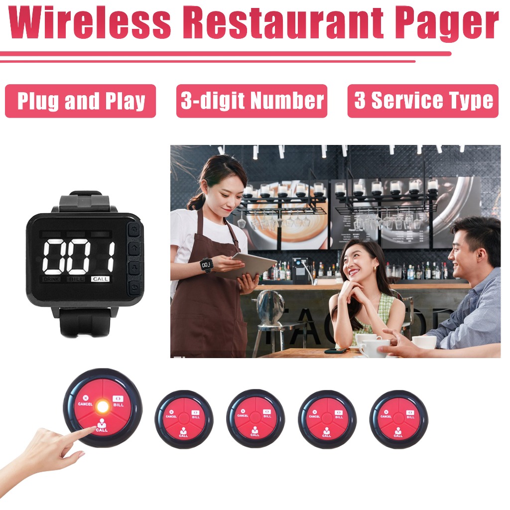 Wireless Pager Waiter Calling System 1 Watch Receiver with 5 Buttons ...