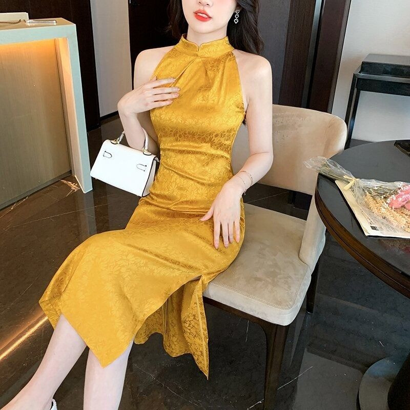 New Chinese Style Modern Cheongsam Women Retro High Collar Satin Qipao ...