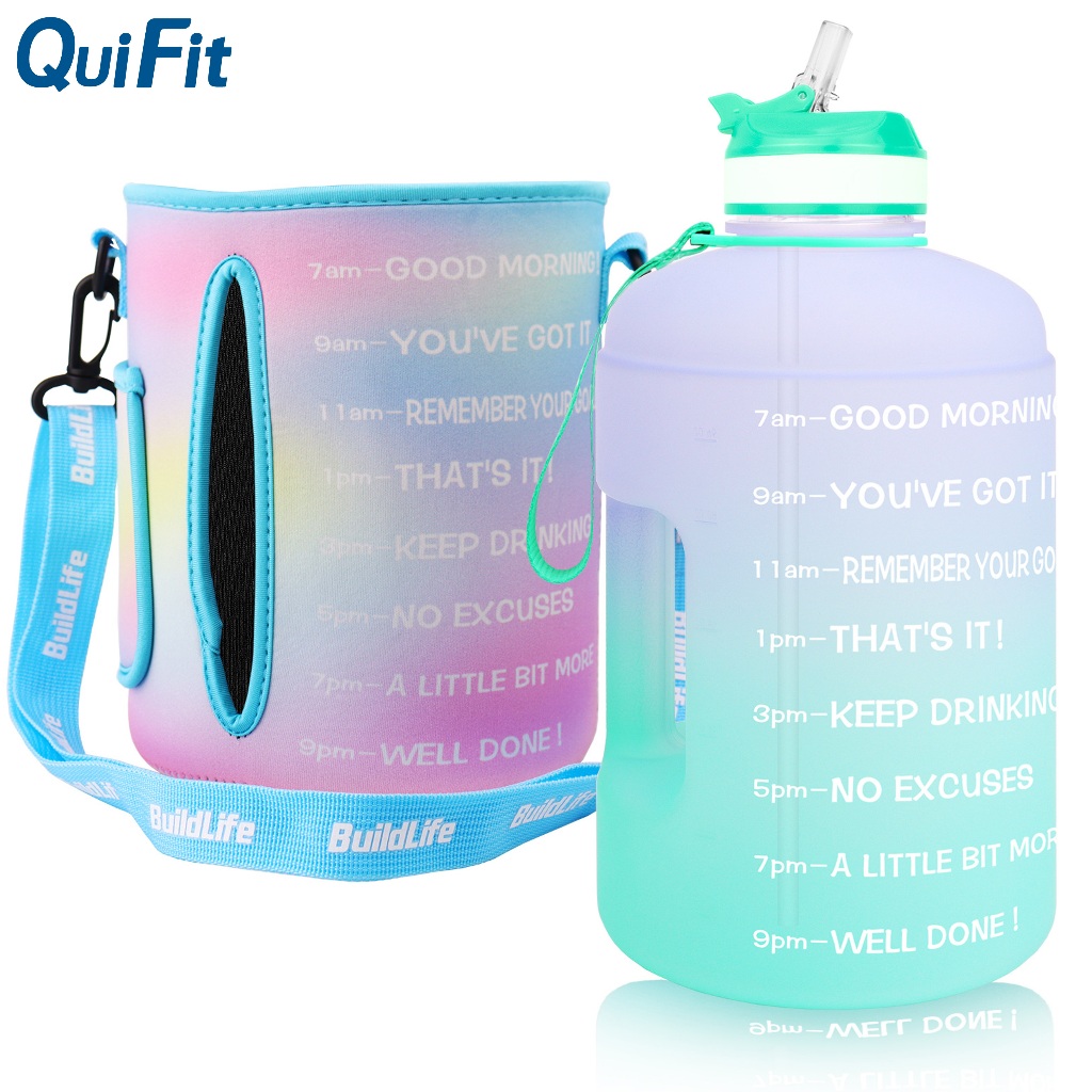 QuiFit 3.78L/128oz Water Bottle Wide Mouth Motivational With Straw Time ...