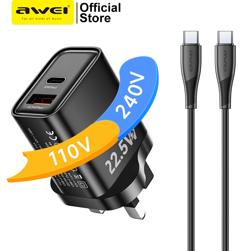 Awei PD81 Fast Charger Kit Type-C USB A 22.5W Phone Standard Charging ...