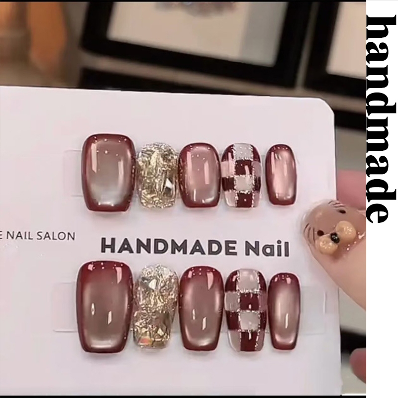 Press on nails handmade handmade handmade Wear nails Red Plaid Diamond ...