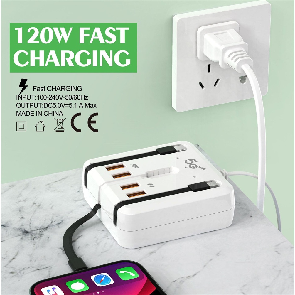 Multi USB Charger Station with 3 Charge Cable USB PD Fast Charging Hub ...