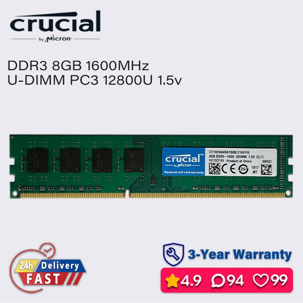 crucial ddr3 8gb 4gb 1600mhz pc ram desktop udimm memory pc3 12800u 1.5v | Shopee Malaysia