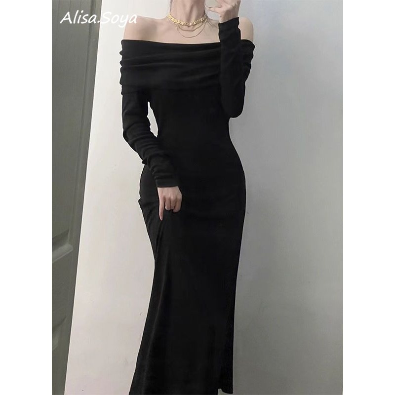 Alisa.Sonya Women Off Shoulder Long Sleeve Ruched Bodycon Maxi Dress ...
