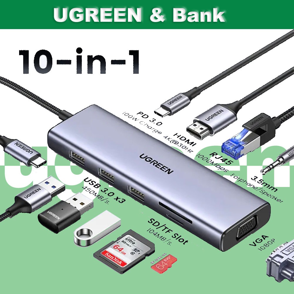 UGREEN USB C Hub 10 in 1 Type C Hub with Ethernet 4K USB C to HDMI VGA ...