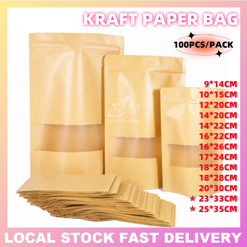 100pcs Kraft Paper Stand Pouch with Window Ziplock Packaging Paper Bag Plastik Goodies Ziplock ...