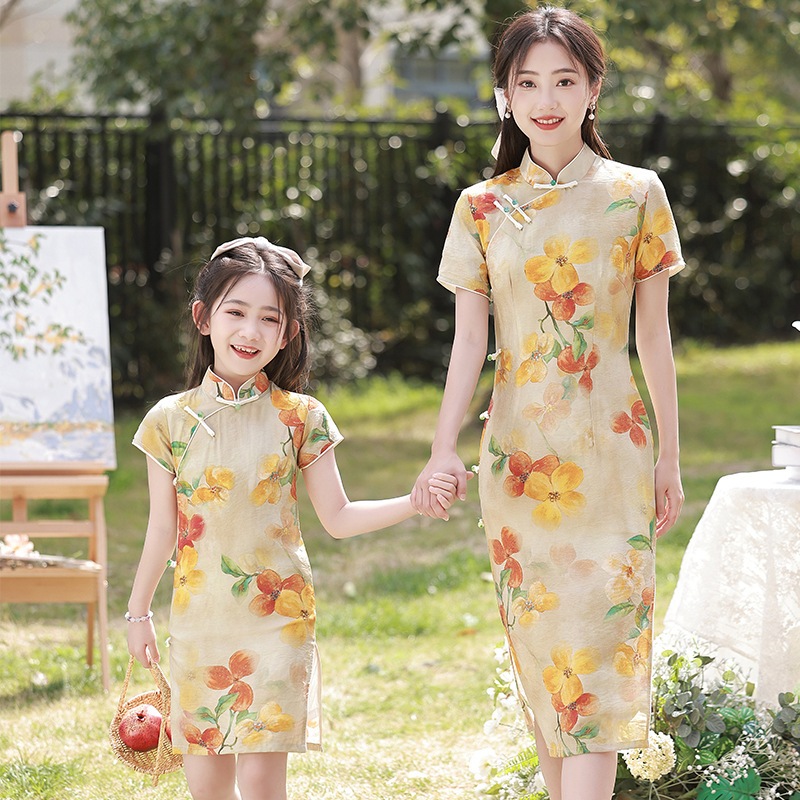 New Chinese Style Floral Parent-child Cheongsam Mother and Daughter ...
