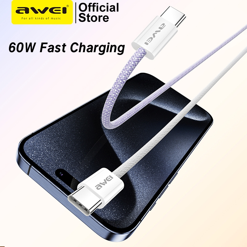 Awei 60W Type C To Type C Fast Charging Cable For iPhone 15 Pro Max 3A ...