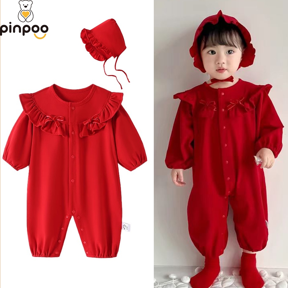 Pinpoo Red Onesies for Baby Girl Christmas Cute Romper Toddler Long ...