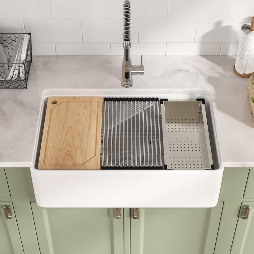30" White Farmhouse Sink Ledge Workstation White Fireclay Ceramic ...