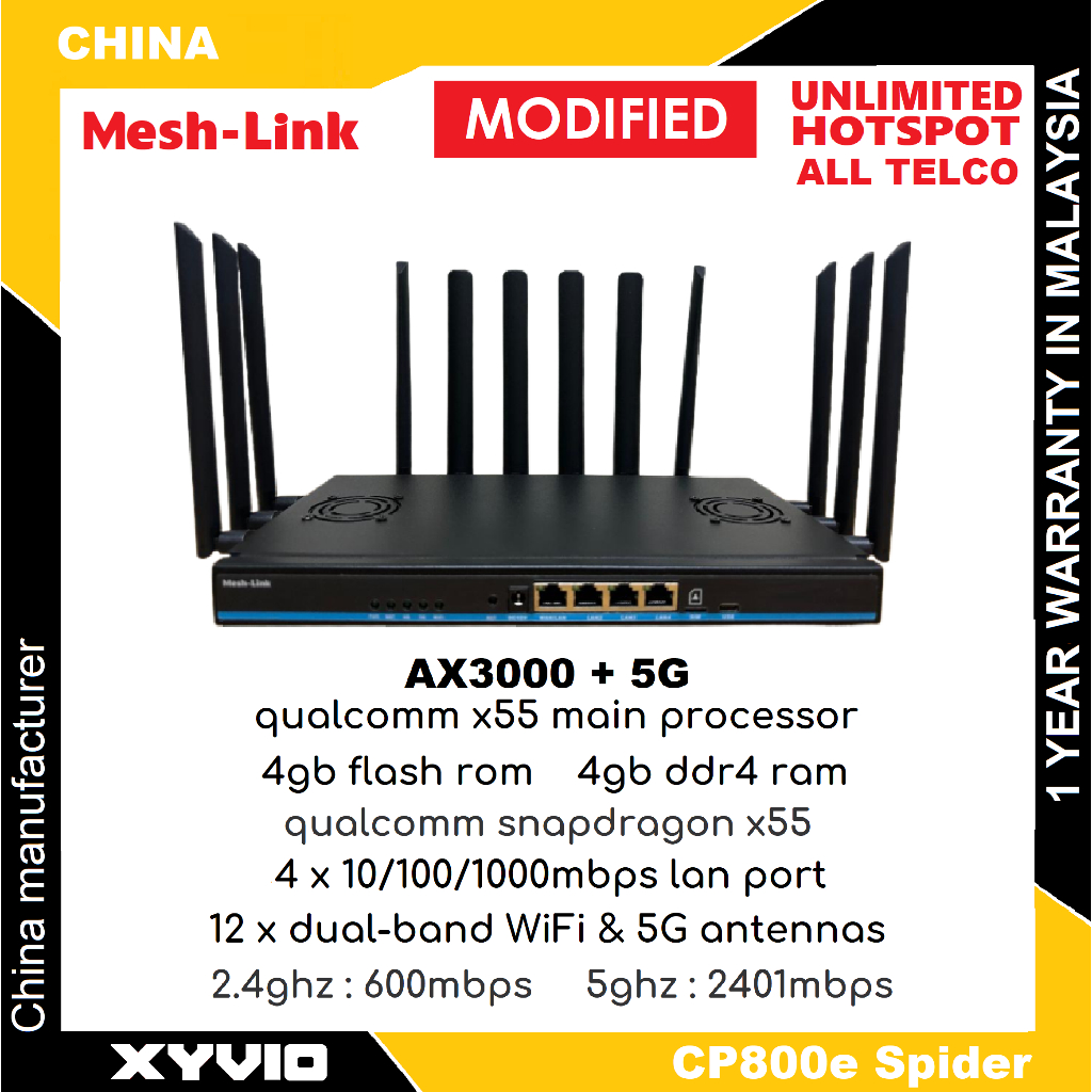 MESH-LINK CP800e SPIDER AX3000 Qualcomm X55 Processor Dual band 2.4ghz ...