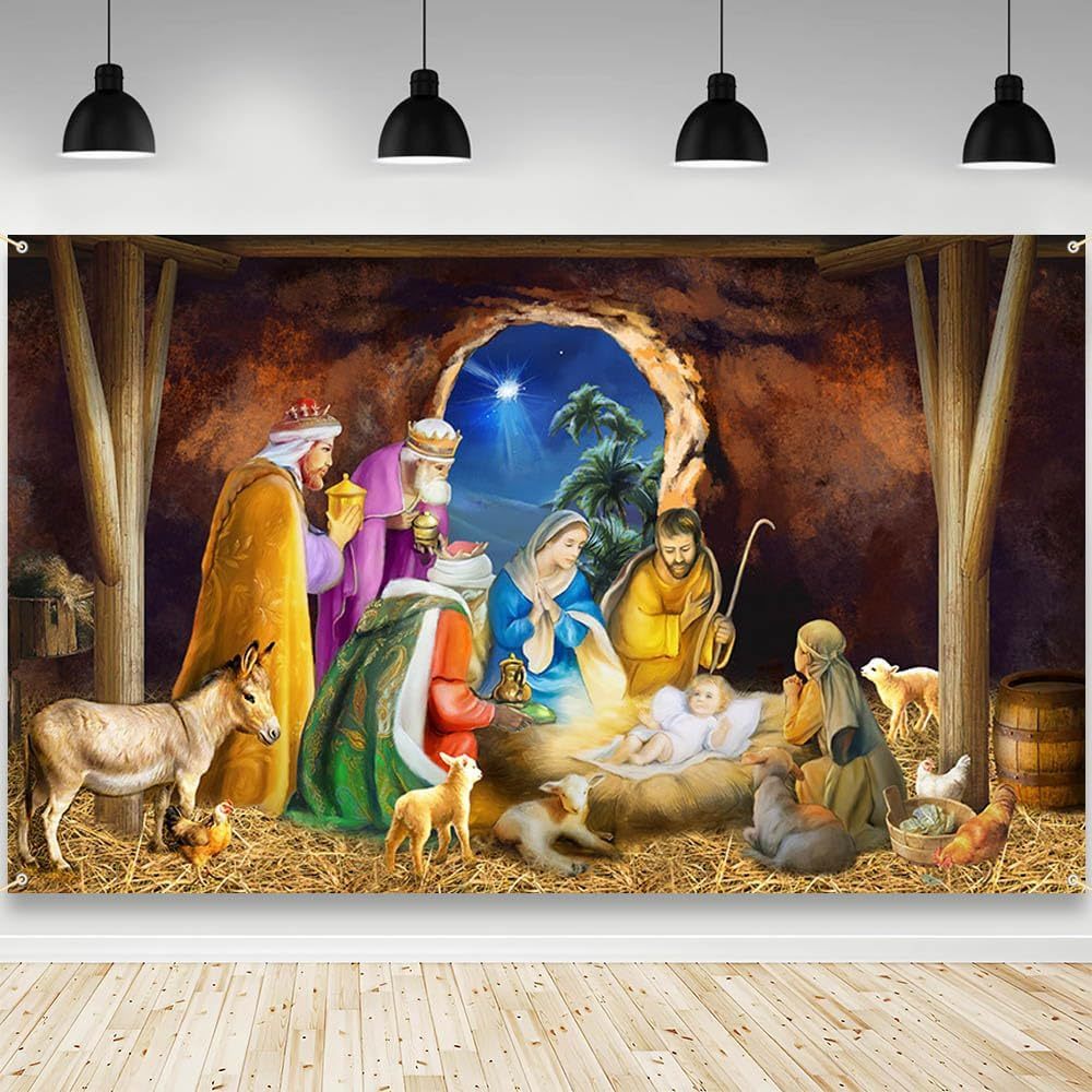 5x3ft Birth of Jesus Backdrop Christmas Holy Night Christian Nativity ...
