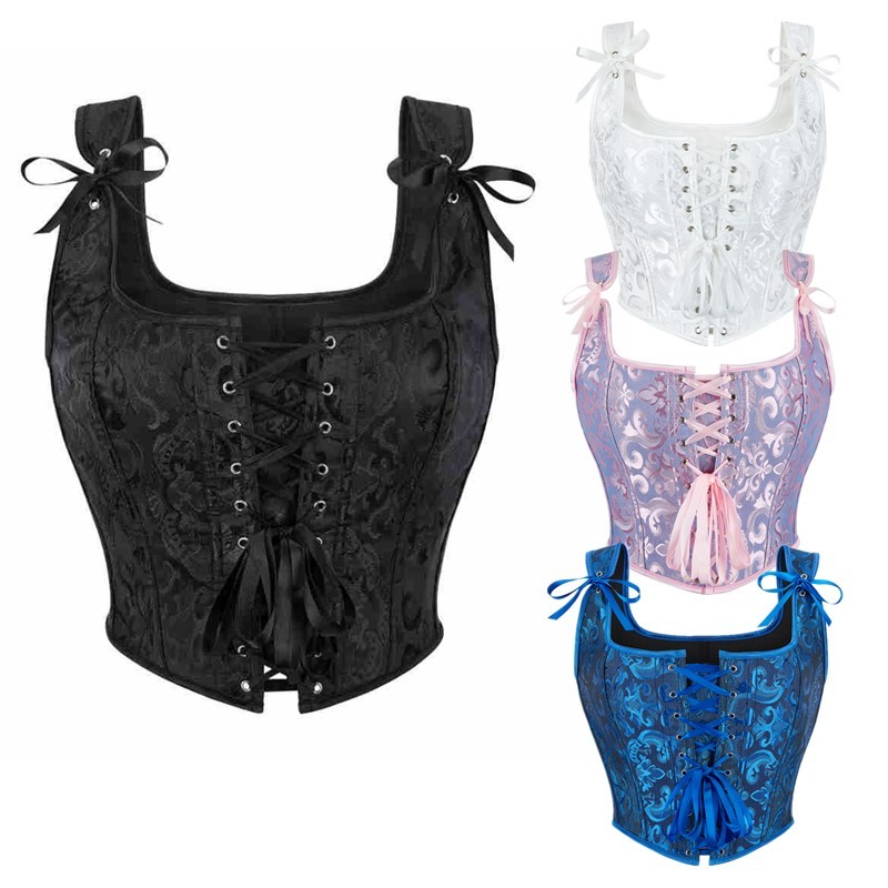 Brocade Jacquard Cropped Corset Top with Front Lac-up and Self-tie ...