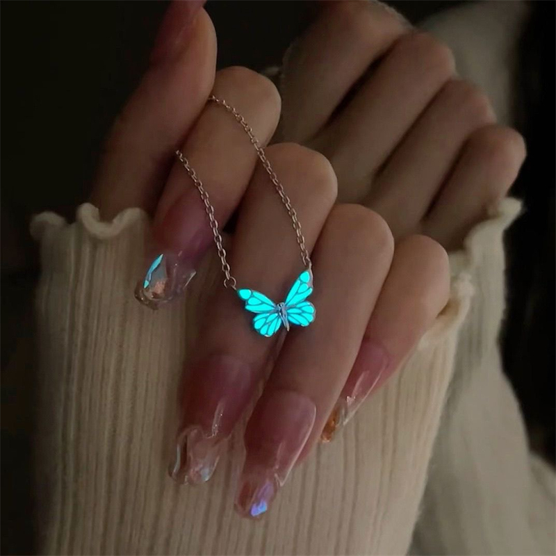 Luminous Blue Glowing Butterfly Charm Pendant Necklace Bracelet Set ...