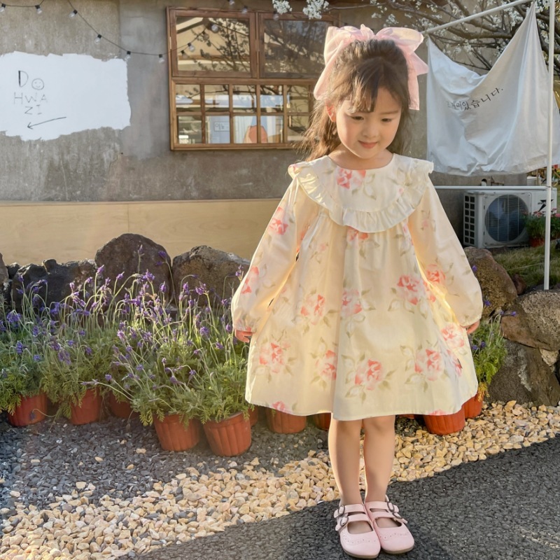 Girls Floral Long-Sleeved Dress Autumn New Style Baby Girl Pastoral ...