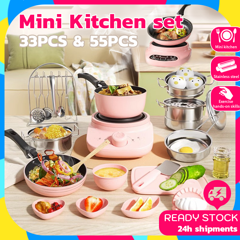 【Fast Delivery】Mini Kitchen Real Cooking Set 55PCS Pretend Play Kitchen ...